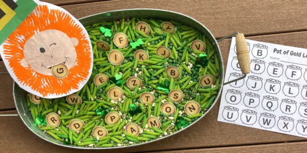 Letter Match St. Patrick's Day Sensory Bin - Mama of Minis